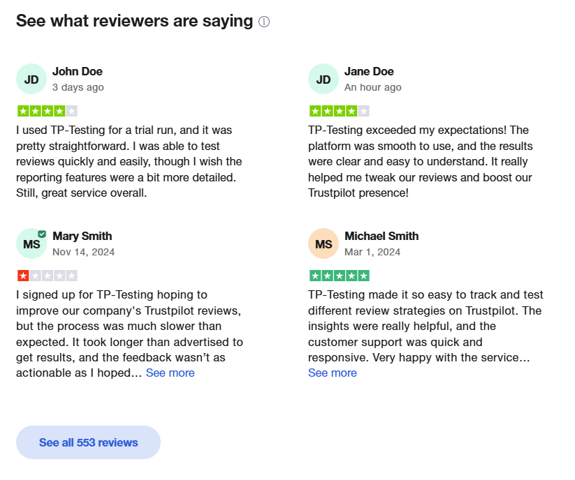 How reviews are displayed on Trustpilot business profiles