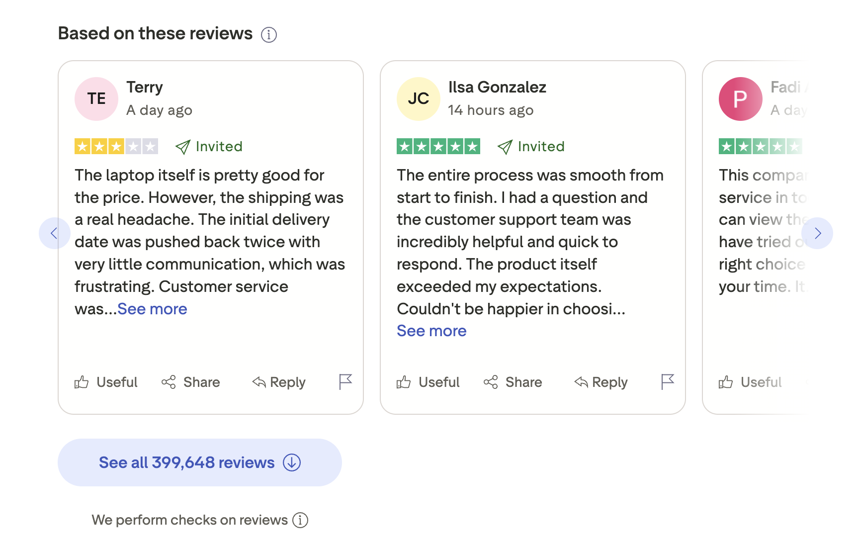 How reviews are displayed on Trustpilot business profiles