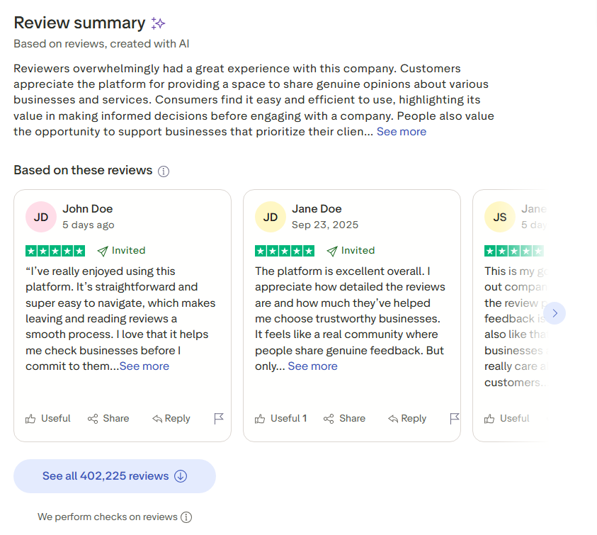 How reviews are displayed on Trustpilot business profiles